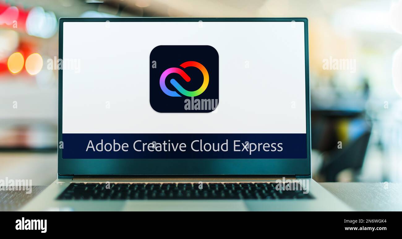 POZNAN, POL - JUN 21, 2022: Laptop computer displaying logo of Adobe Creative Cloud Express, a ...