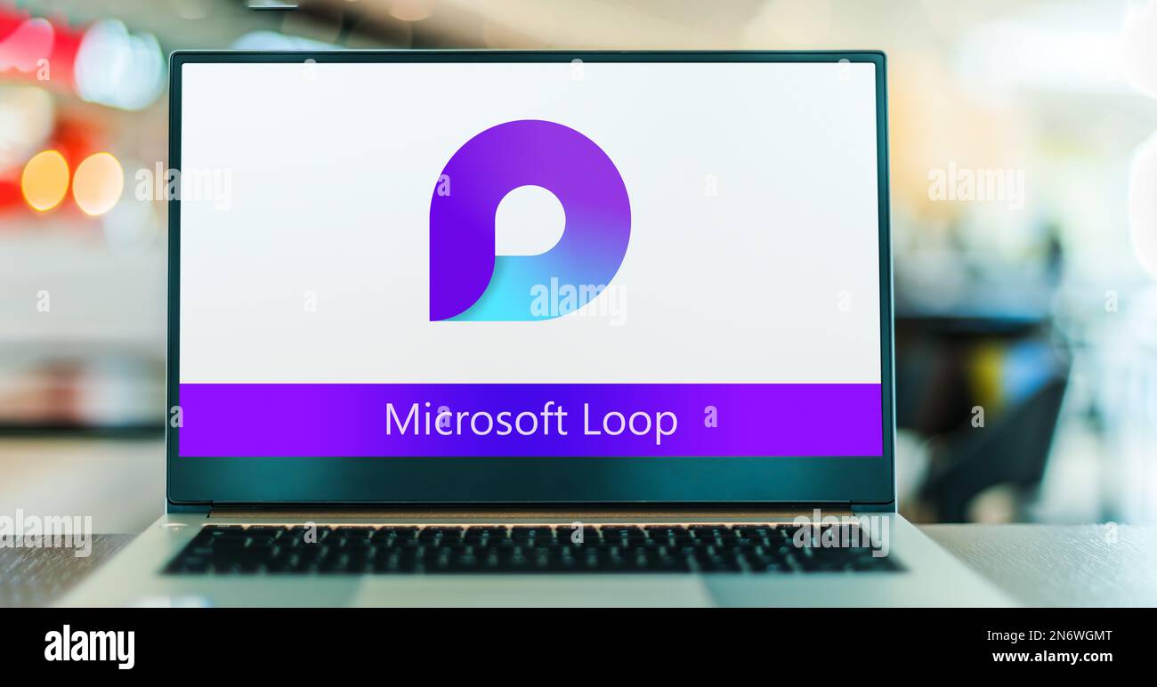 POZNAN, POL - SEP 8, 2022: Laptop computer displaying logo of Microsoft ...