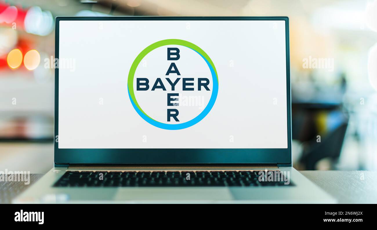 POZNAN, POL - DEC 28, 2022: Laptop computer displaying logo of Bayer AG ...