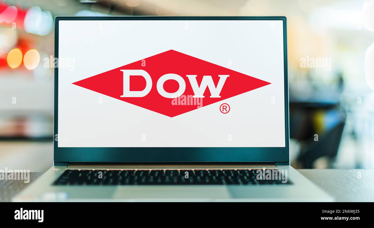 POZNAN, POL - DEC 28, 2022: Laptop computer displaying logo of Dow Inc., a chemical corporation ...