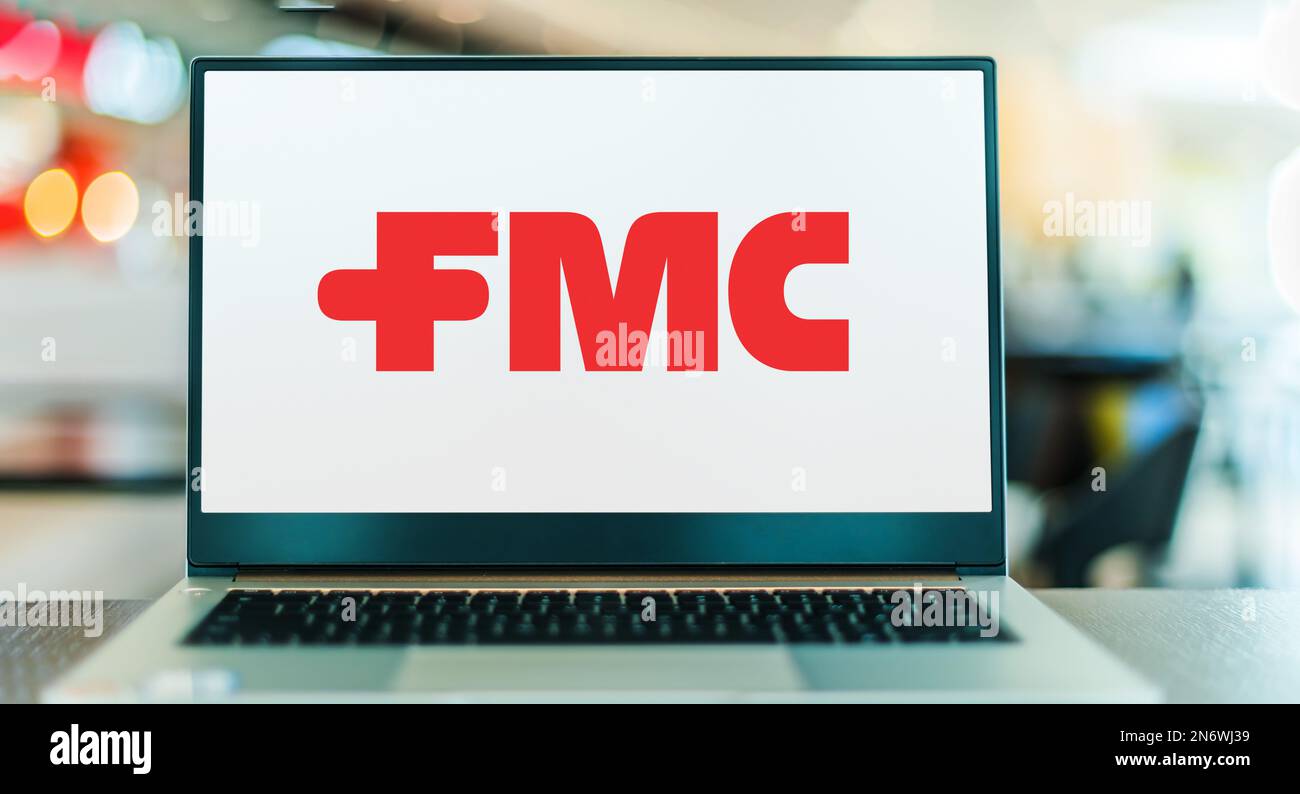 POZNAN, POL - DEC 28, 2022: Laptop computer displaying logo of FMC ...