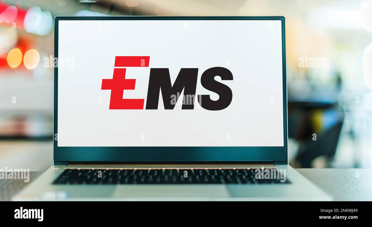 POZNAN, POL - DEC 28, 2022: Laptop computer displaying logo of Ems ...