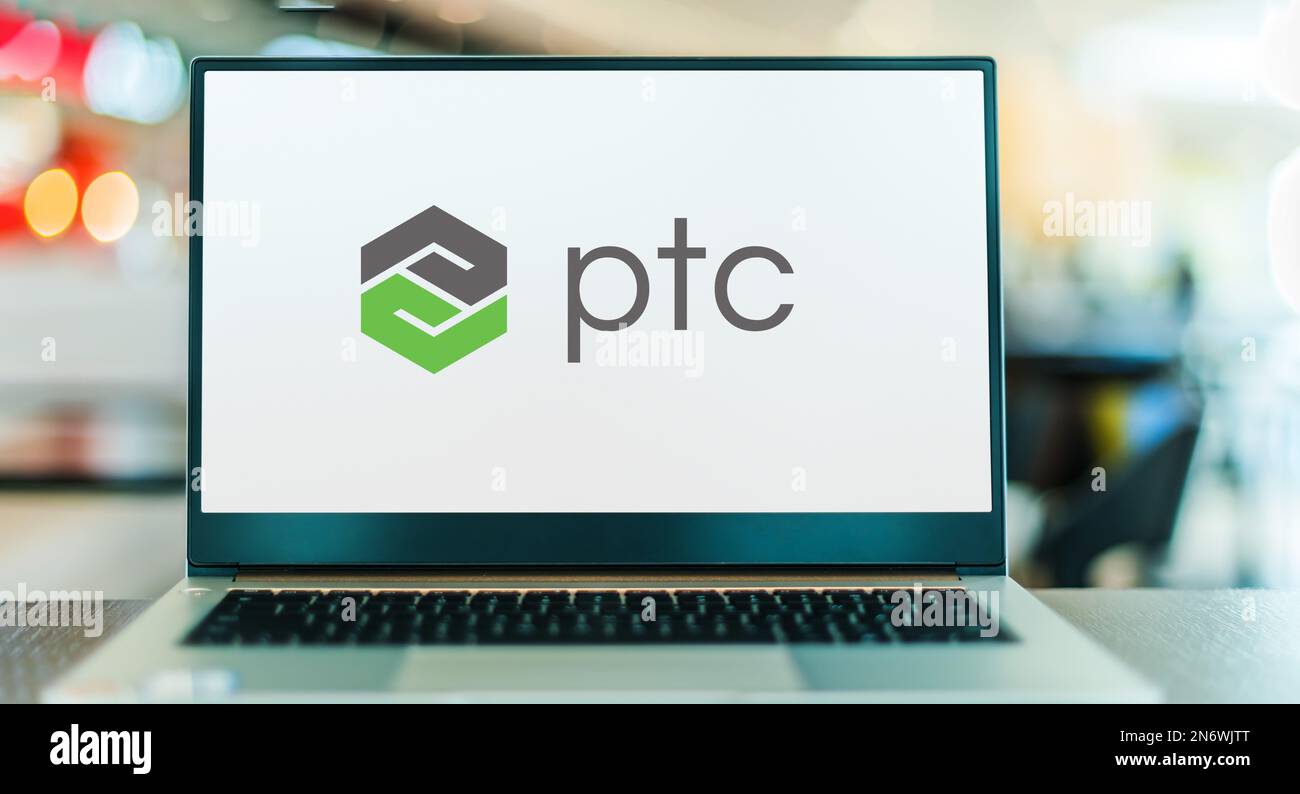 POZNAN, POL - DEC 28, 2022: Laptop computer displaying logo of PTC, a ...