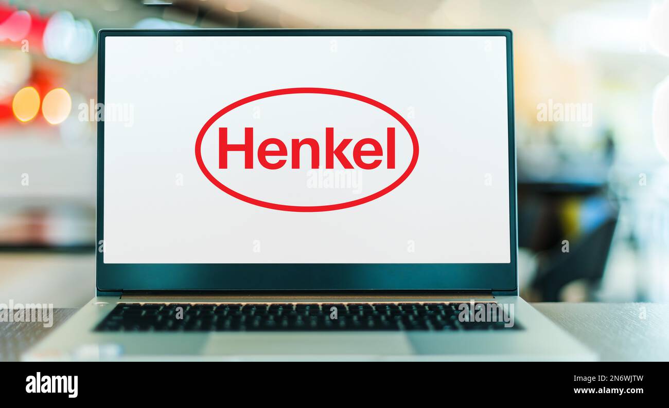 POZNAN, POL - DEC 28, 2022: Laptop computer displaying logo of Henkel ...
