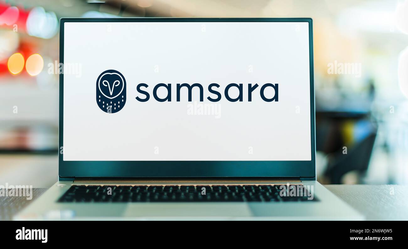 POZNAN, POL - DEC 28, 2022: Laptop computer displaying logo of Samsara ...