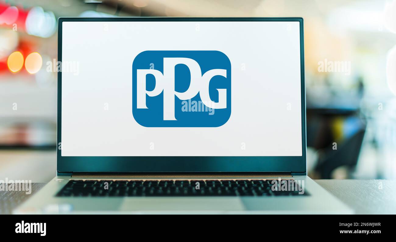 POZNAN, POL - DEC 28, 2022: Laptop computer displaying logo of PPG ...