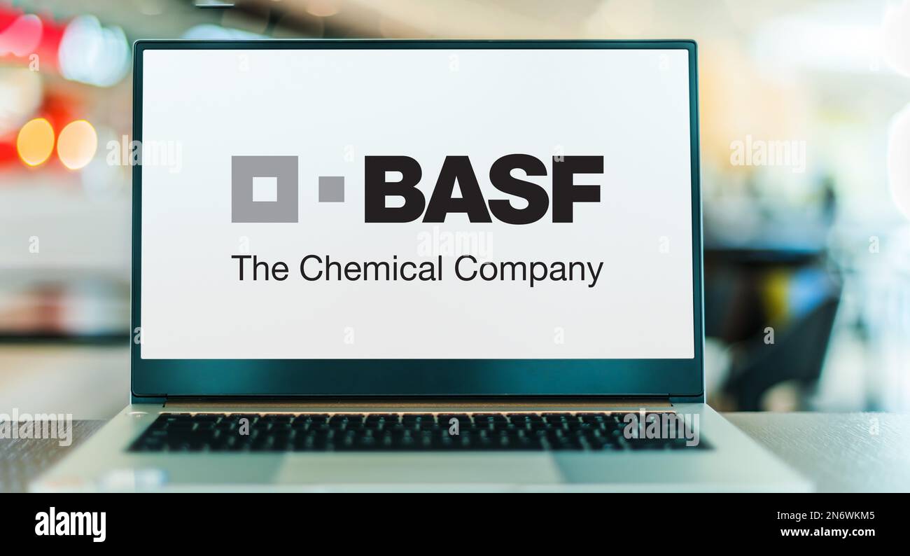 POZNAN, POL - DEC 28, 2022: Laptop computer displaying logo of BASF, a ...