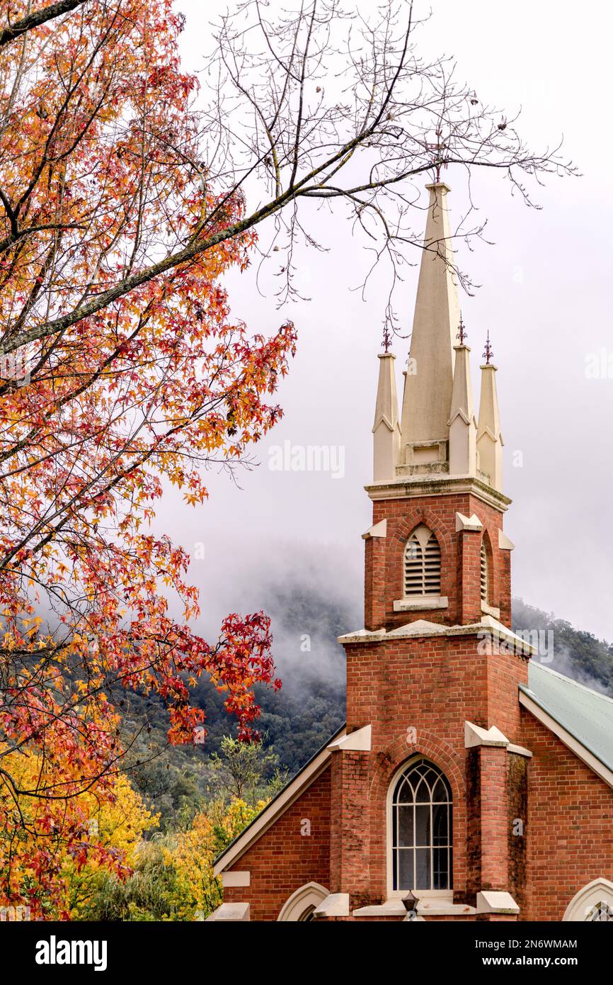 A vertical shot of the Anglican brick church in small town, Victoria ...