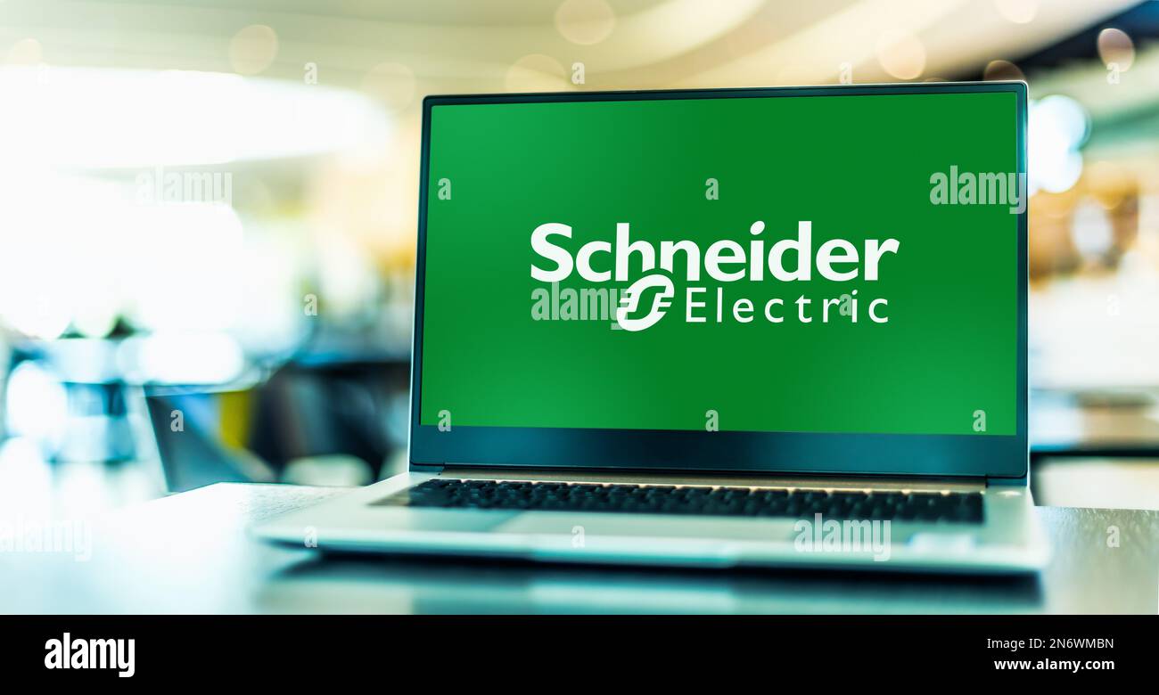 POZNAN, POL - MAY 4, 2022: Laptop computer displaying logo of Schneider ...