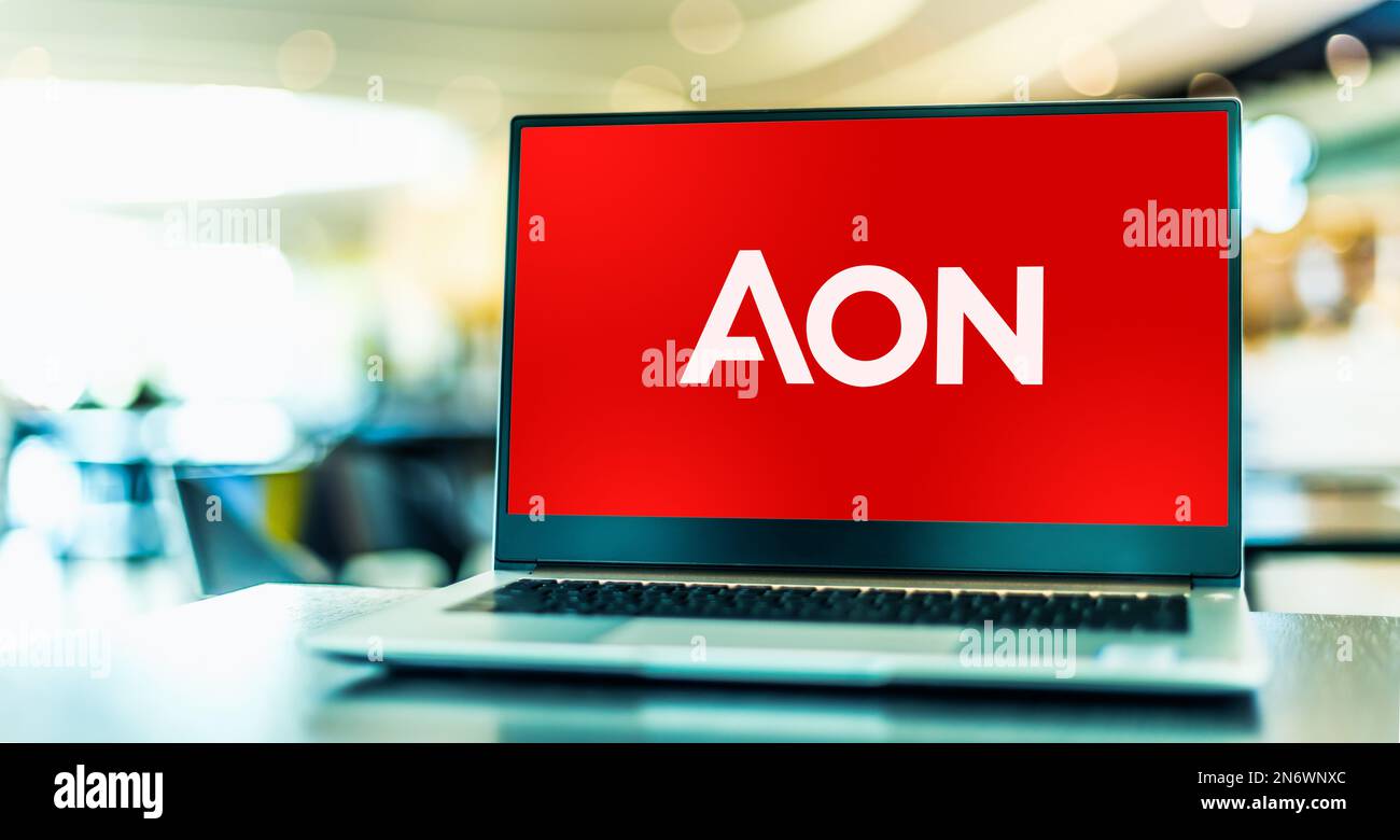 POZNAN, POL - JUN 28, 2022: Laptop computer displaying logo of Aon PLC, a British multinational ...