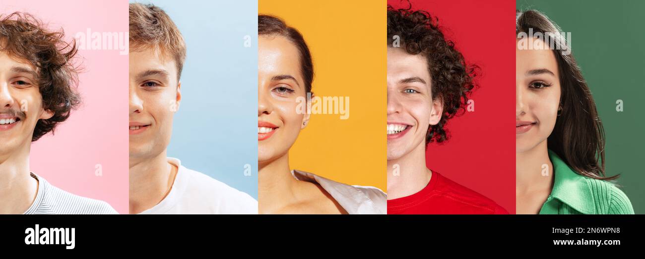 Cropped male and female halves of faces, placed on narrow vertical ...