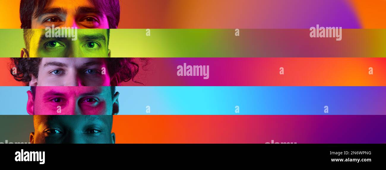 Cropped male different eyes placed on colored narrow stripes, lines ...