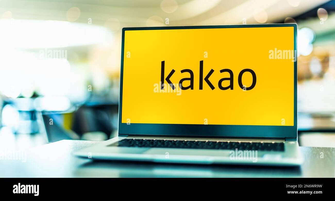 POZNAN, POL - JUN 28, 2022: Laptop computer displaying logo of Kakao, a ...