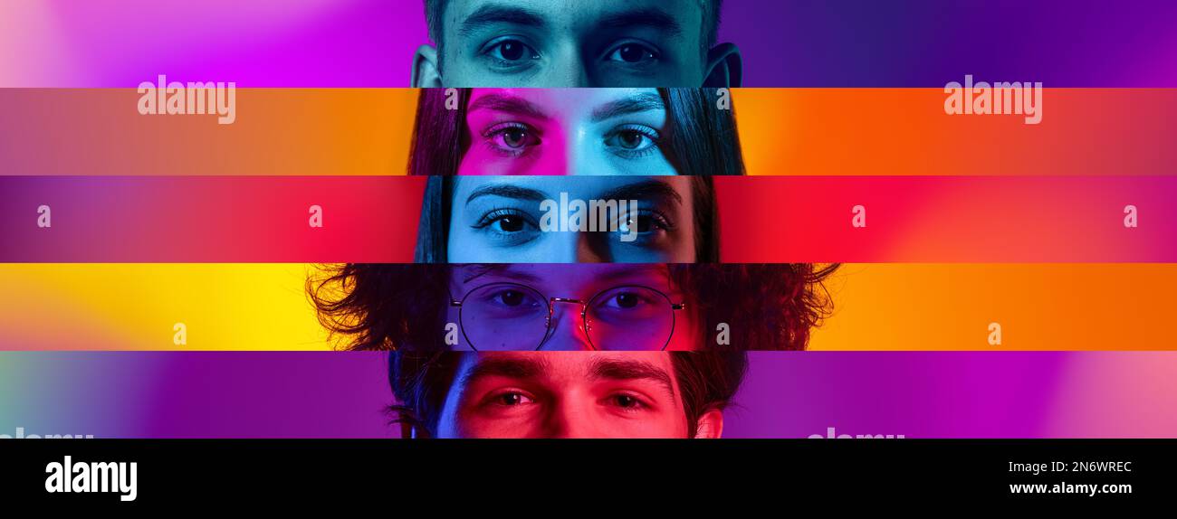 Cropped male and female different eyes placed on colored narrow stripes ...