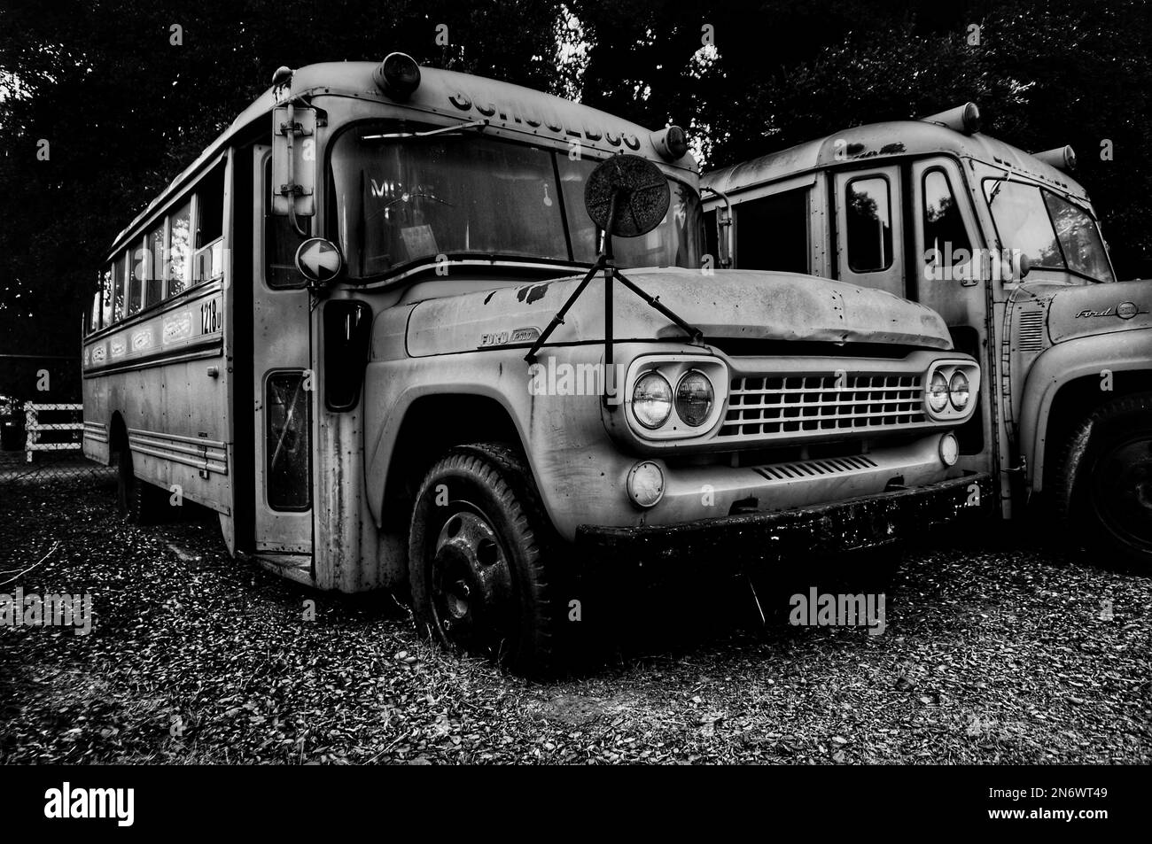 A broken down school bus abandoned in a vehicle graveyard Stock Photo ...