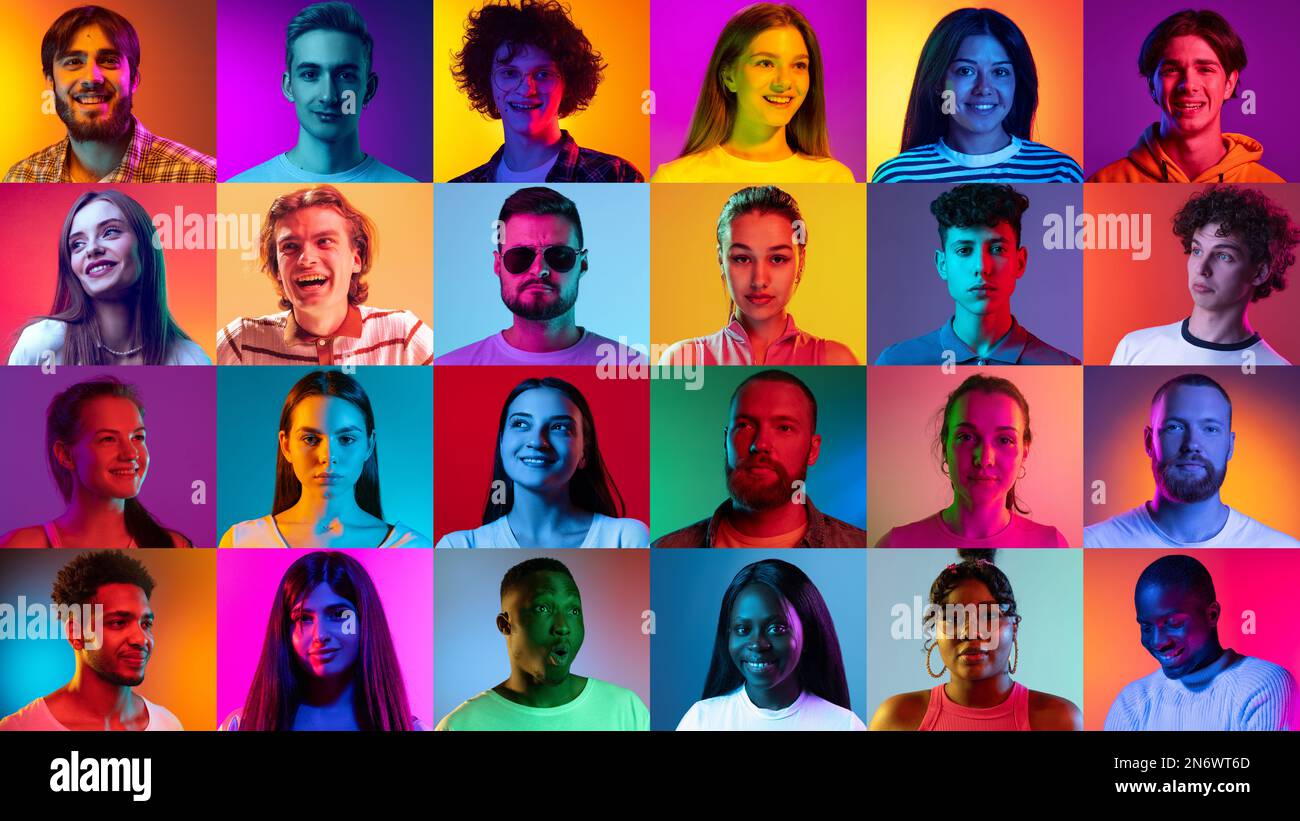 Human emotions. Collage of ethnically diverse people, men and women ...