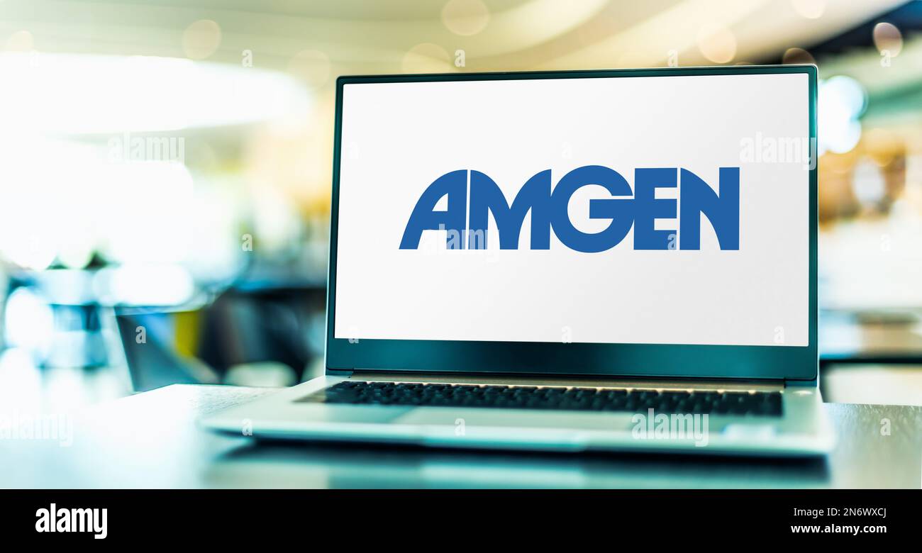 POZNAN, POL - OCT 28, 2022: Laptop computer displaying logo of Amgen, a ...