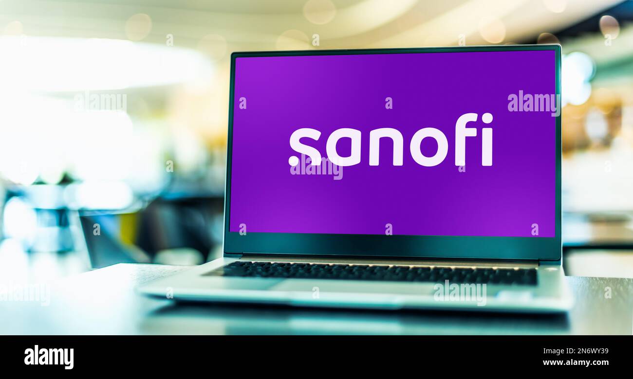 POZNAN, POL - OCT 28, 2022: Laptop computer displaying logo of Sanofi ...