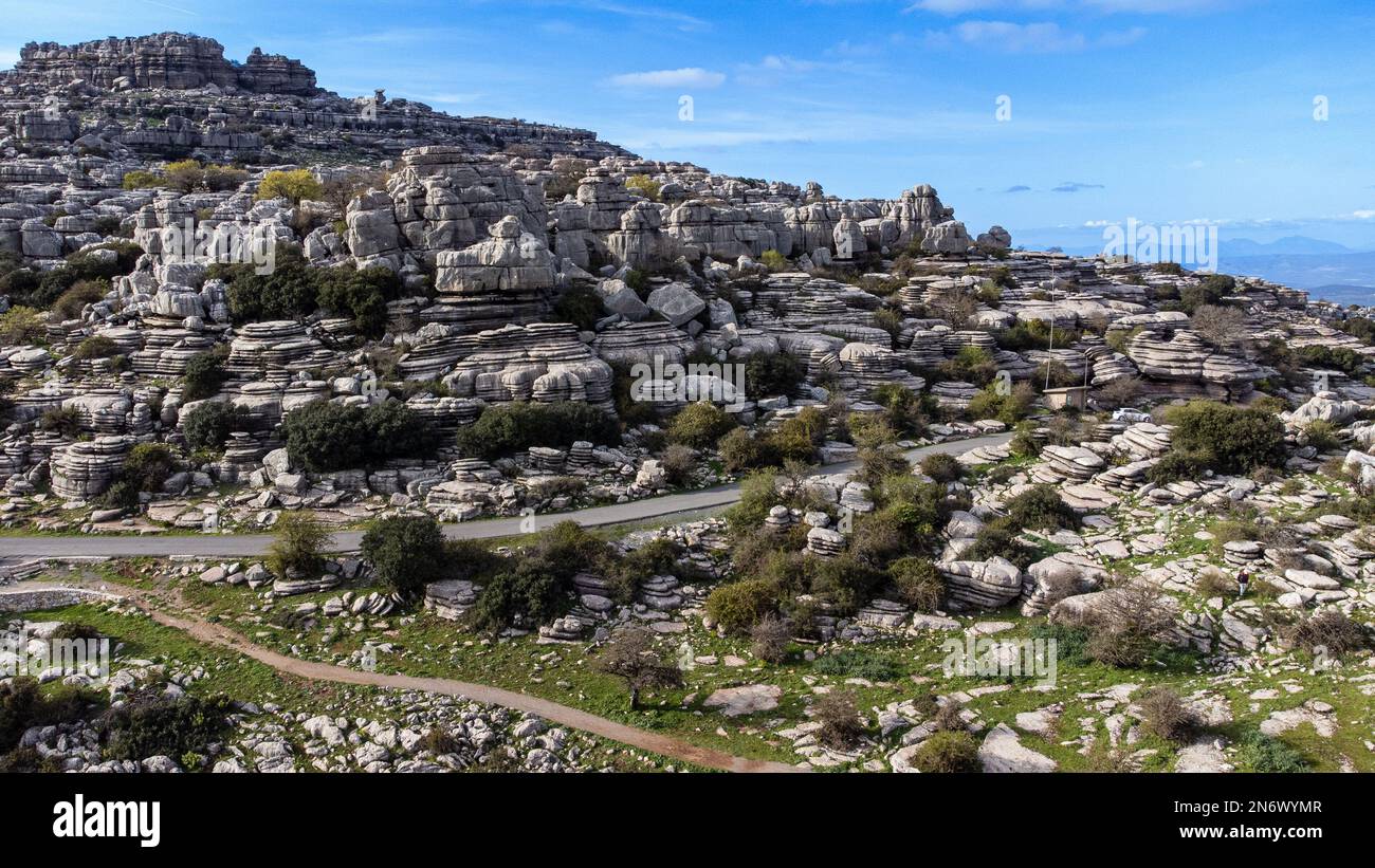 Aerial view of limestone rocks and karstic mountains in the Torcal de ...