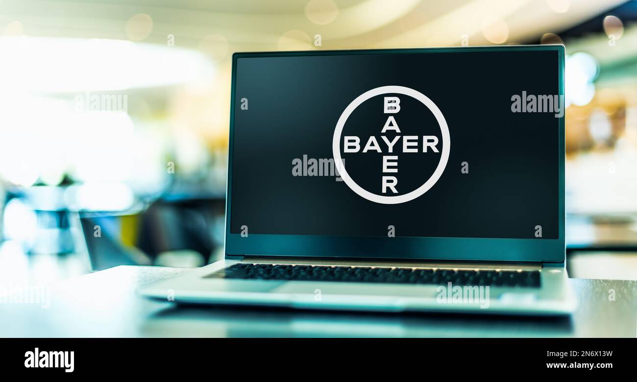 POZNAN, POL - DEC 28, 2022: Laptop computer displaying logo of Bayer AG ...