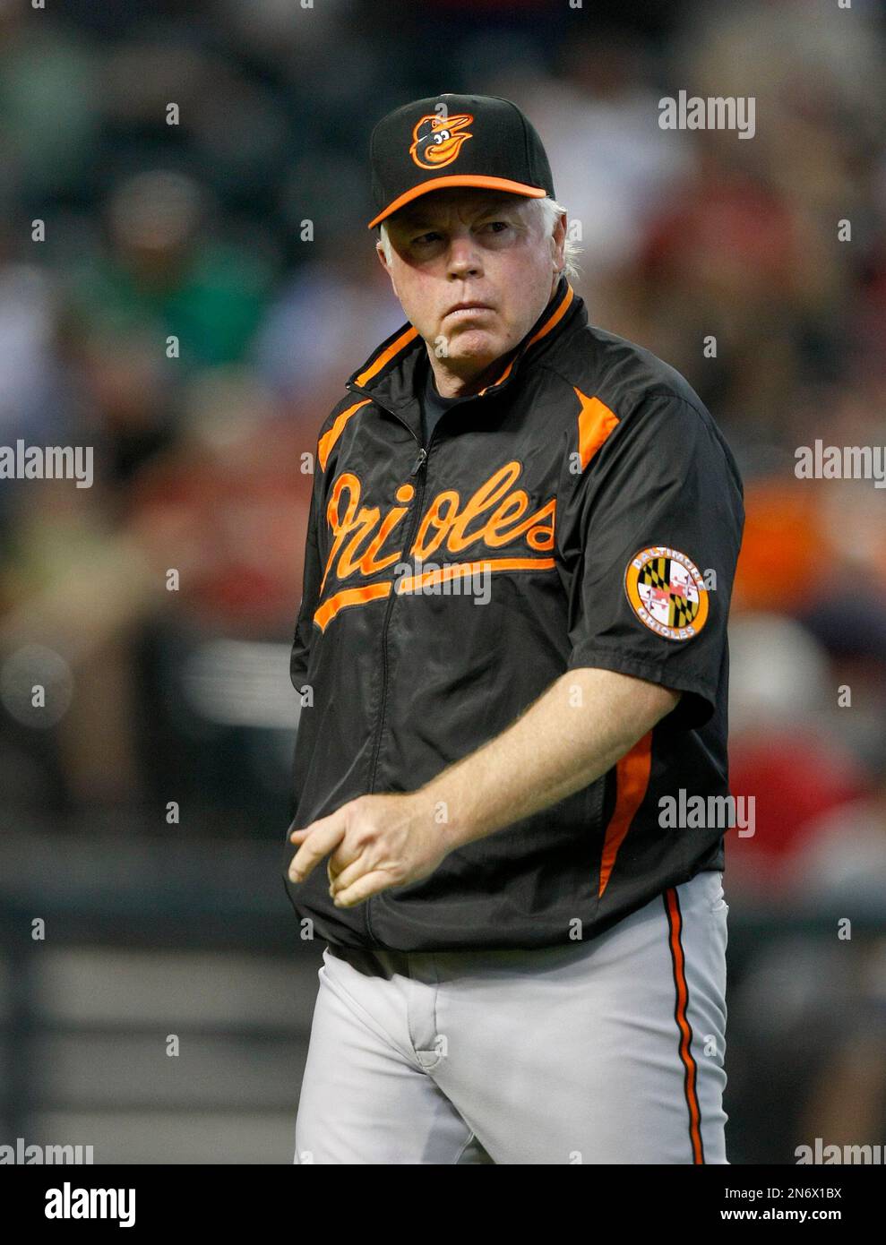 Baltimore Orioles manager Buck Showalter (26) reacts during a baseball ...