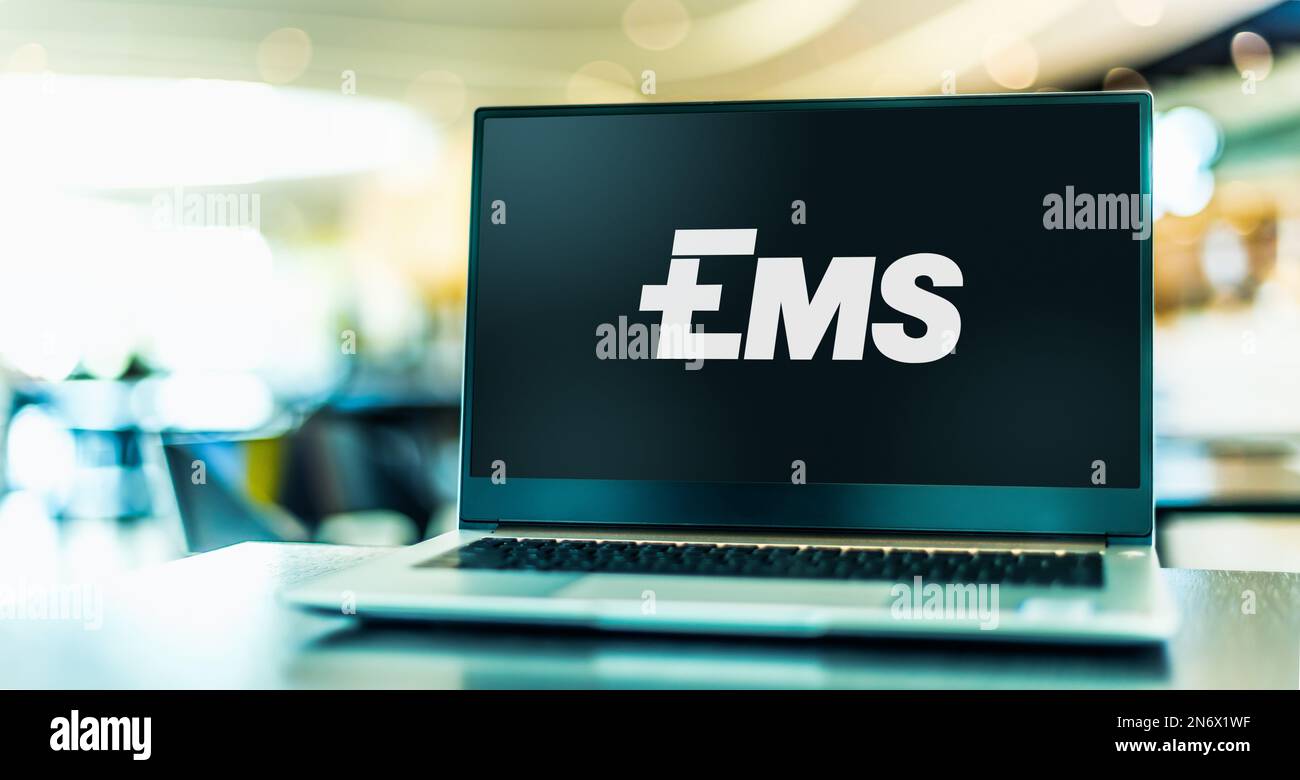POZNAN, POL - DEC 28, 2022: Laptop computer displaying logo of Ems ...