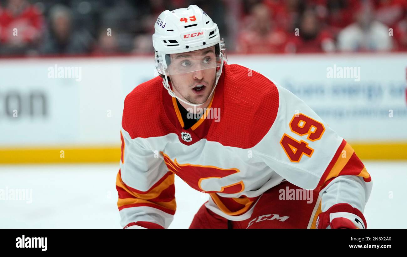 Calgary Flames left wing Jakob Pelletier (49) plays against the Detroit ...