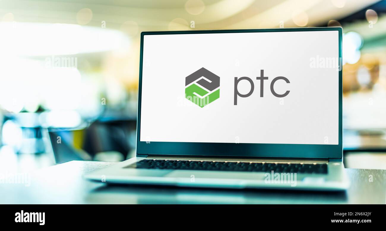 POZNAN, POL - DEC 28, 2022: Laptop computer displaying logo of PTC, a ...