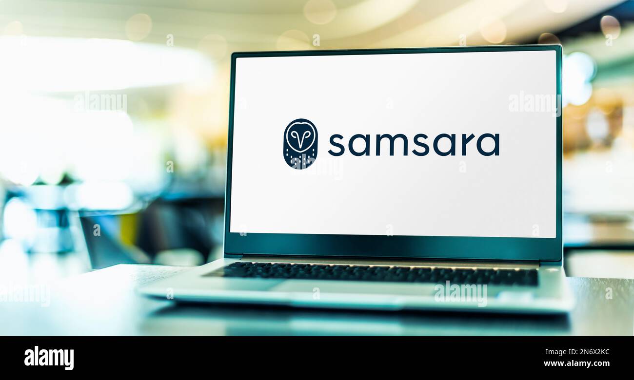 POZNAN, POL - DEC 28, 2022: Laptop computer displaying logo of Samsara ...