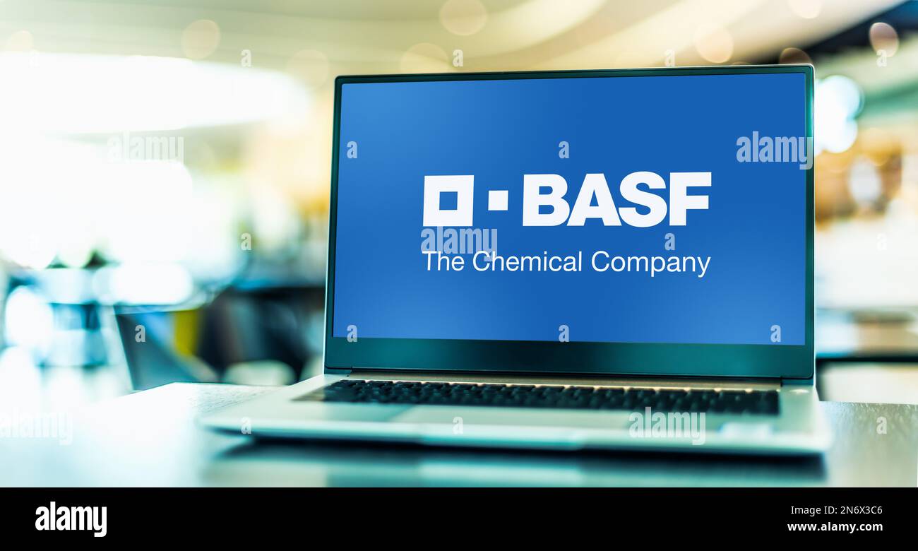 POZNAN, POL - DEC 28, 2022: Laptop computer displaying logo of BASF, a chemical company and the ...