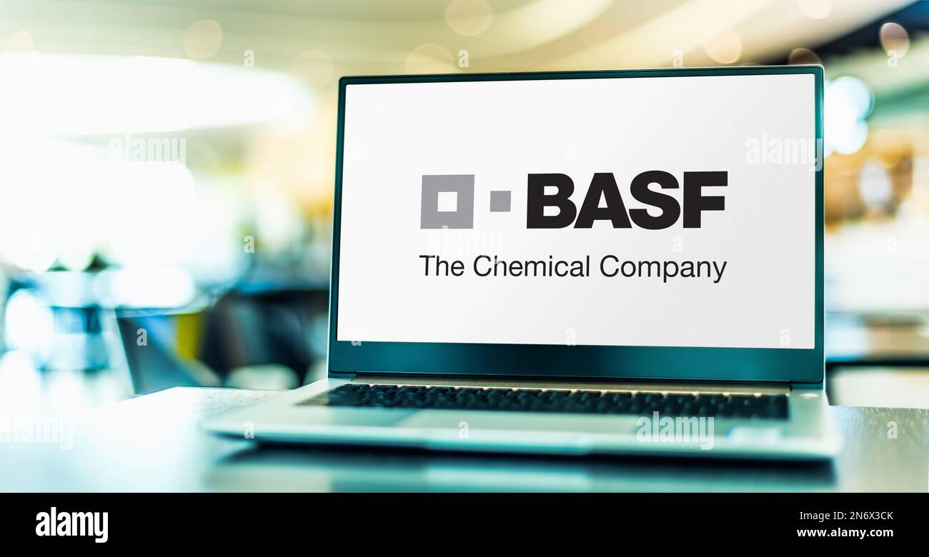 POZNAN, POL - DEC 28, 2022: Laptop computer displaying logo of BASF, a ...