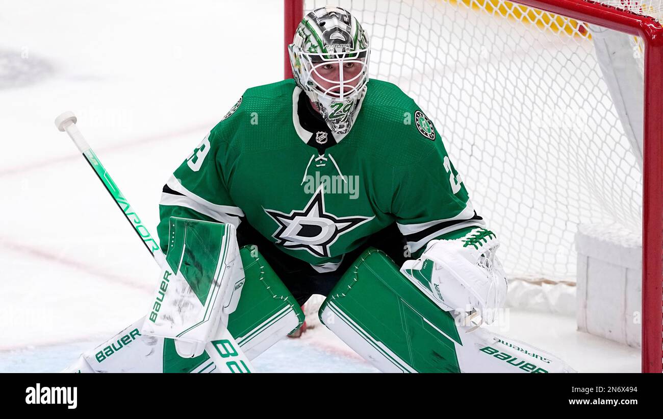 Dallas Stars goaltender Jake Oettinger minds the net during an NHL ...