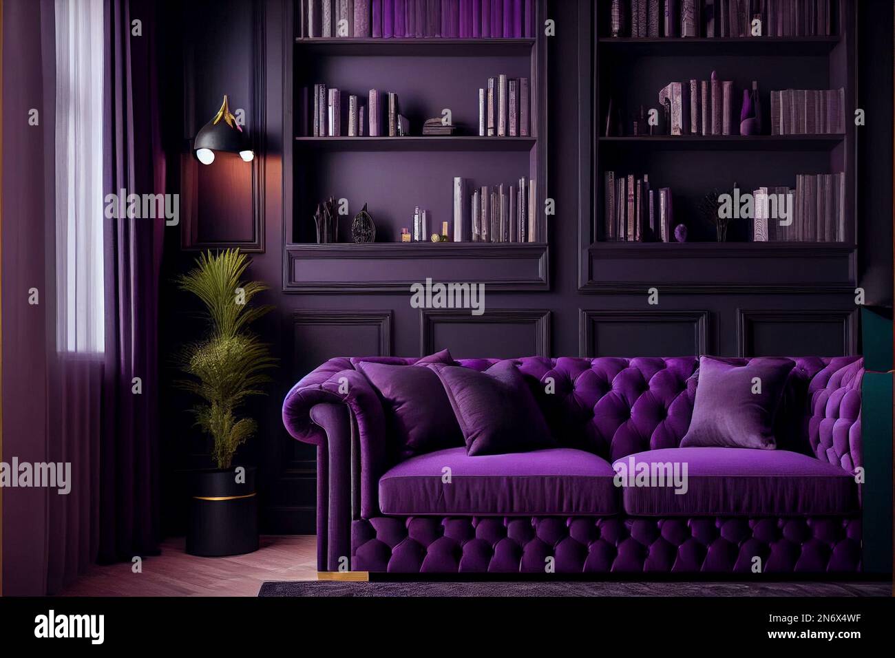 Minimalist purple living room white couch hi-res stock photography and ...