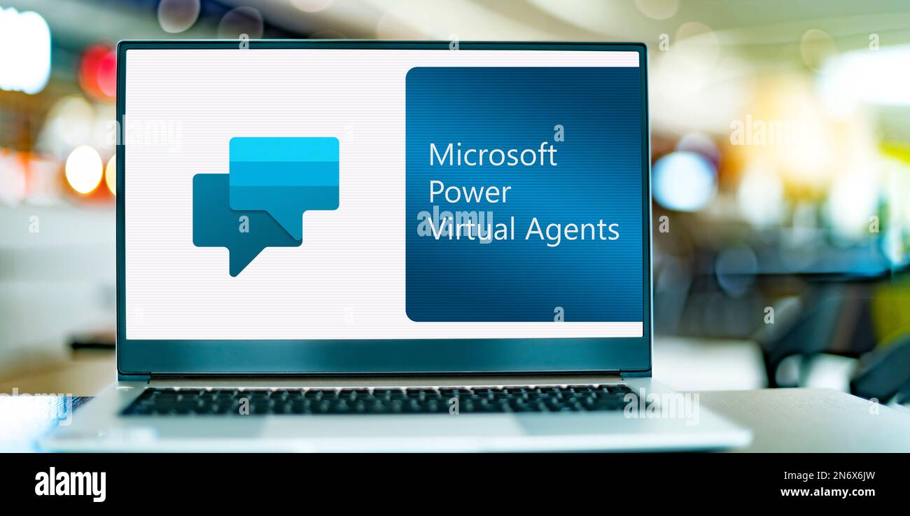 POZNAN, POL - MAY 24, 2022: Laptop computer displaying logo of Microsoft Power Virtual Agents ...