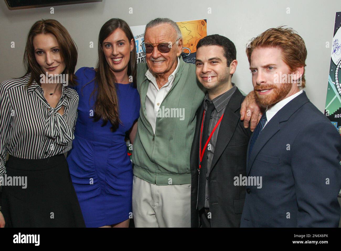 From left, actors Natasha Melnick, Sarah Hagan, comic book writer Stan ...