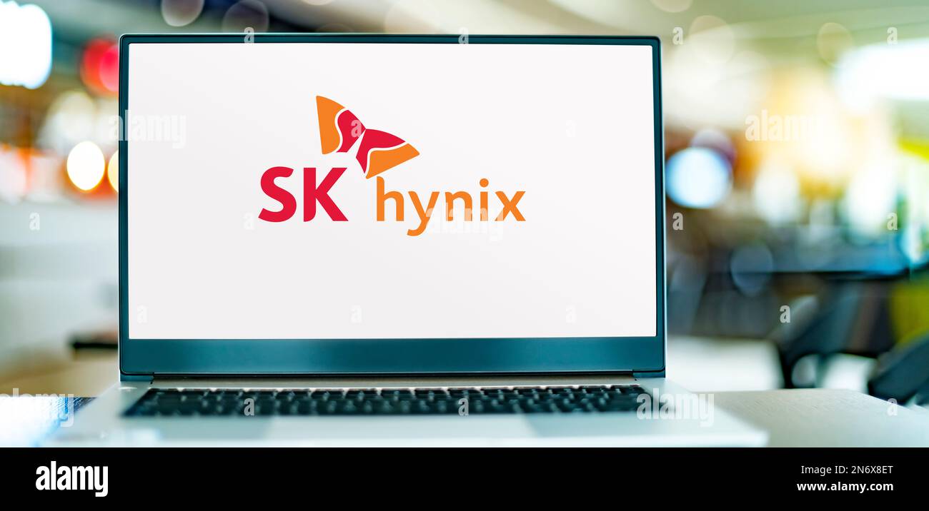 POZNAN, POL - AUG 2, 2022: Laptop computer displaying logo of SK hynix ...
