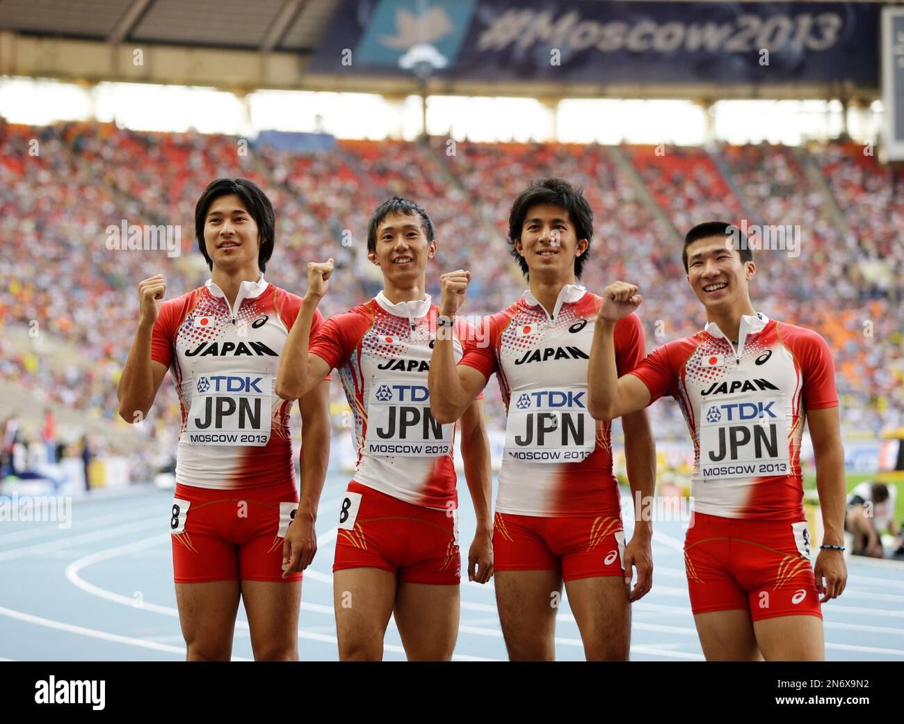 The Japanese men's 4x100-meter relay team pose for a photograph ...
