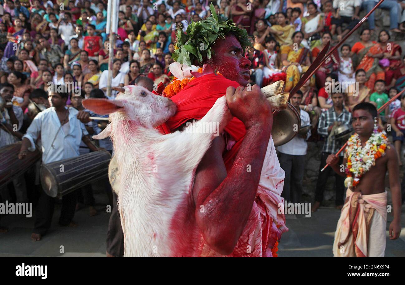 A Hindu priest, face smeared with color and sacrificial blood, carries ...