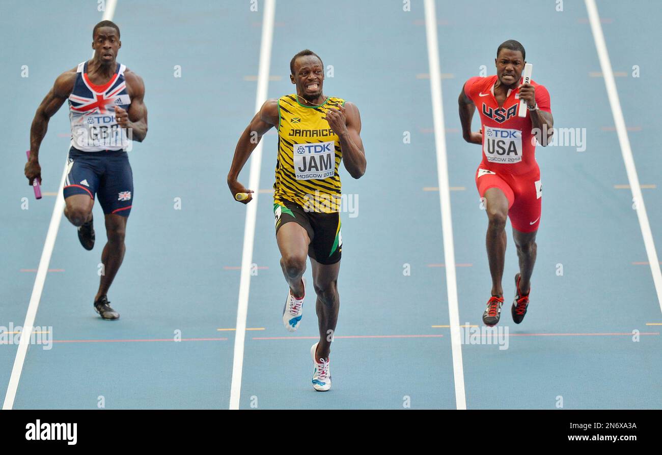 Jamaica's Usain Bolt, center, competes to win ahead of United States ...