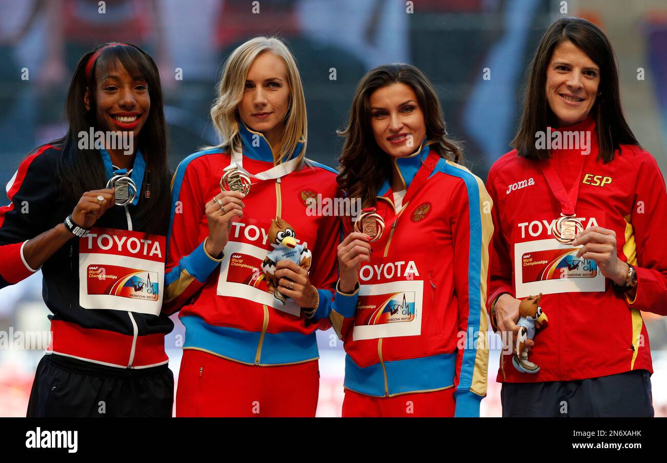 From left, United States' Brigetta Barrett, Russia's Svetlana Shkolina ...