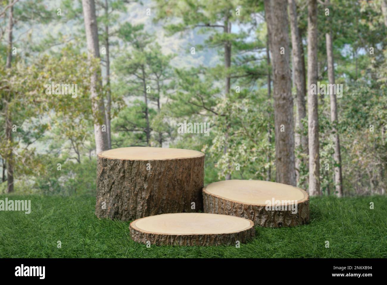 Wood podium table top on green grass nature outdoor tropical garden ...
