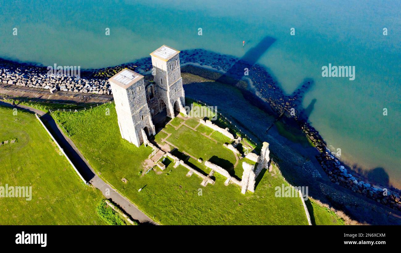 Aerial image of the ruins of St Mary's Church, at Reculver Country Park ...