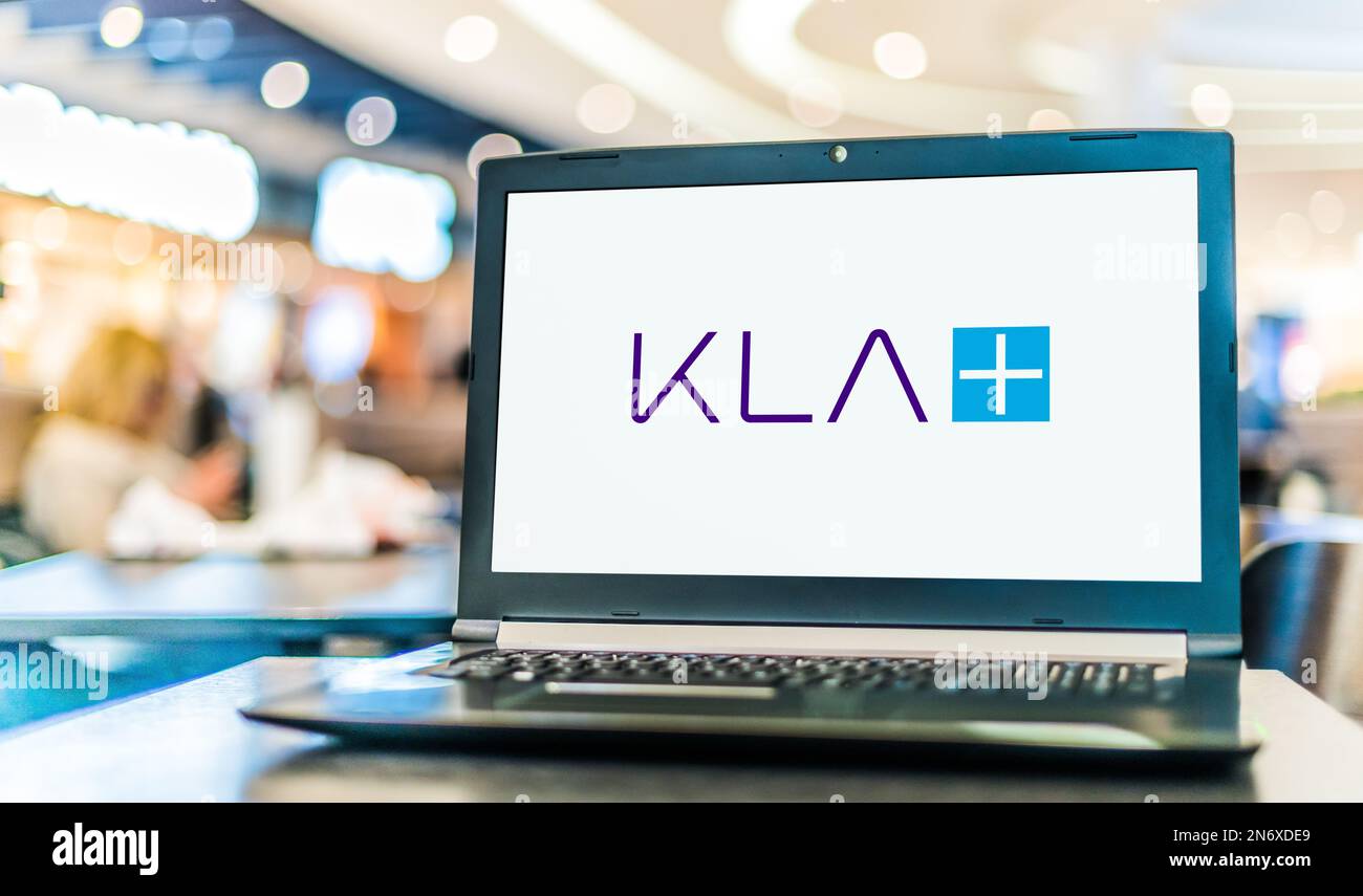 POZNAN, POL - AUG 2, 2022: Laptop computer displaying logo of KLA ...