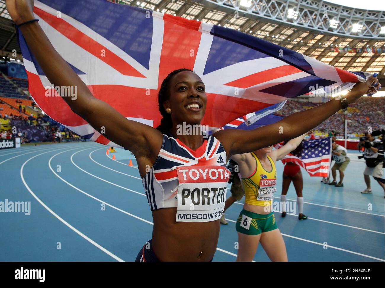 Britain's Tiffany Porter celebrates her gold medal in the women's 100 ...
