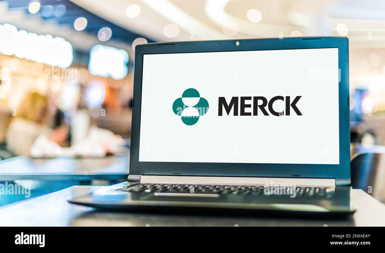 POZNAN, POL - OCT 28, 2022: Laptop computer displaying logo of Merck, a ...