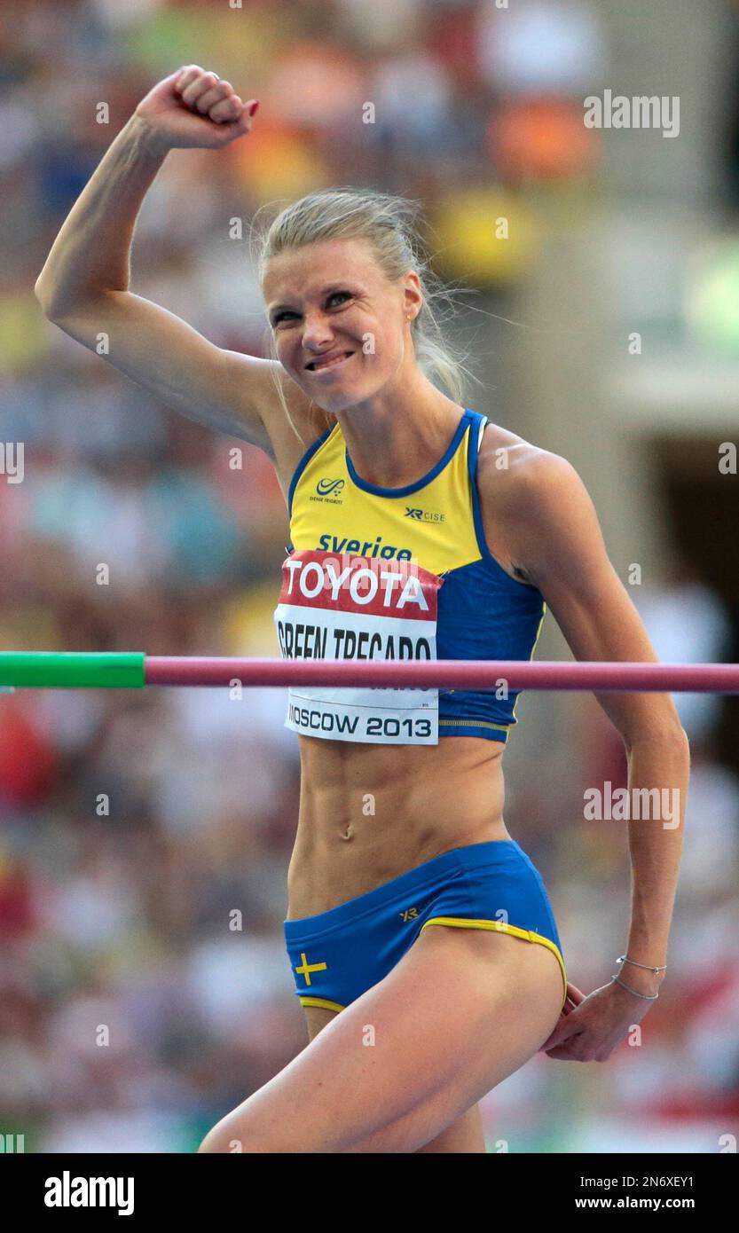 Sweden's Emma Green Tregaro reacts after an attempt in the women's high ...