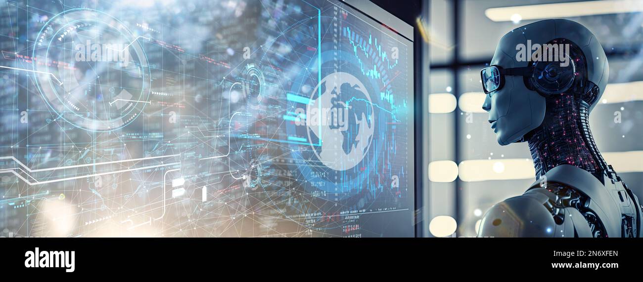 Artificial Intelligence Ai Analysis Big Data In Smart Office Concept Robot Ai And Algorithms