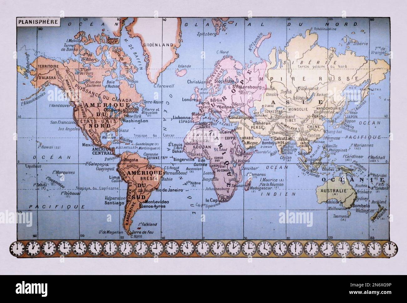 Old world map printed in a French dictionary in the late 19th century ...