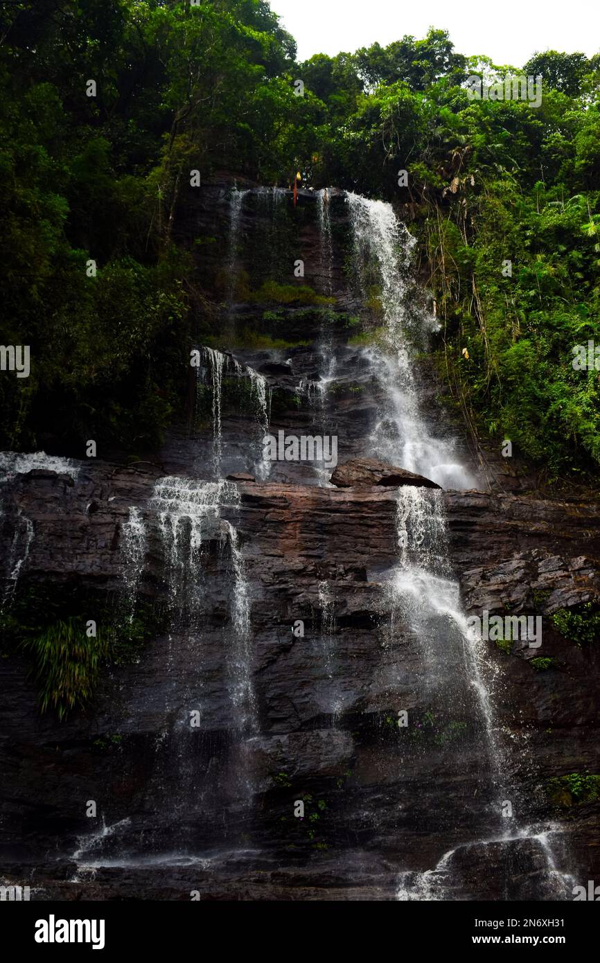 A gorgeous view of a waterfall streaming down a steep cliff surrounded ...