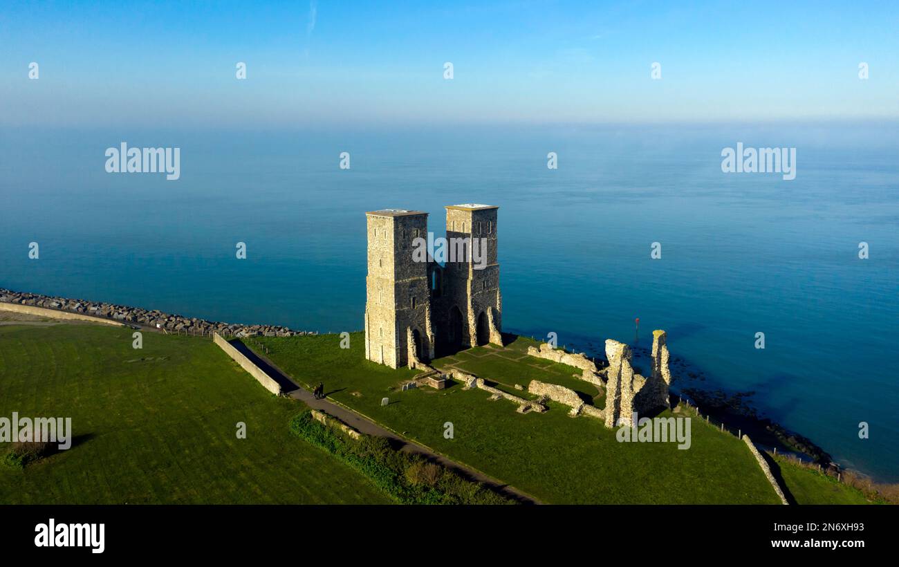 Aerial image of the ruins of St Mary's Church, at Reculver Country Park ...